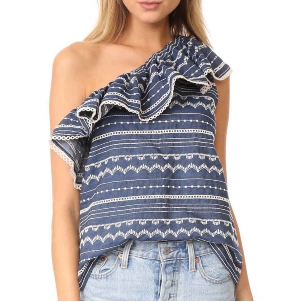 Parker One Shoulder Blue And White Chambray Top Size … - Gem